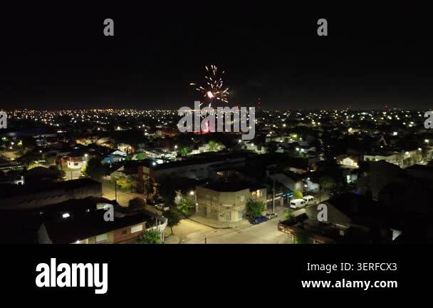 fireworks over mar del plata at night aerial drone view, colorful ...
