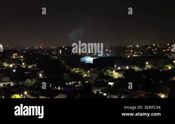 fireworks over mar del plata at night aerial drone view, colorful ...