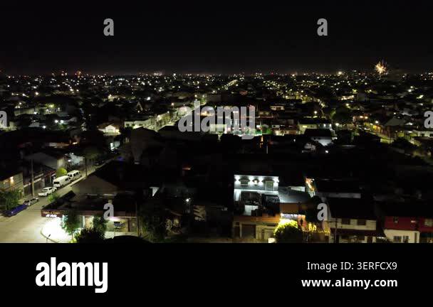 fireworks over mar del plata at night aerial drone view, colorful ...