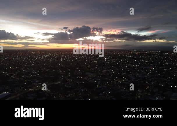night thunderstorm over landscape aerial drone view, dramatic night ...