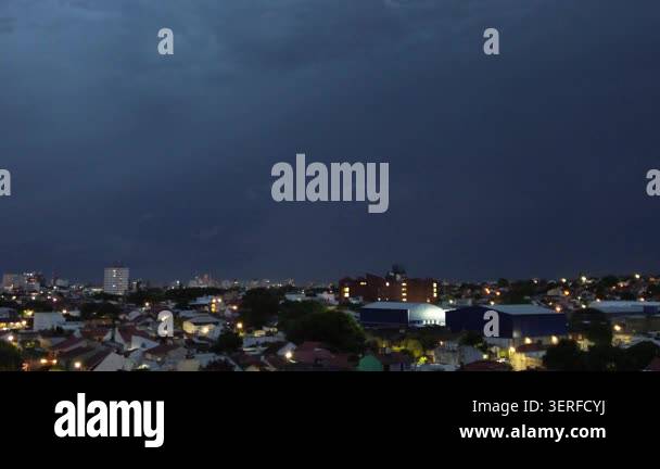 night thunderstorm over landscape aerial drone view, dramatic night ...