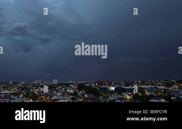 night thunderstorm over landscape aerial drone view, dramatic night ...