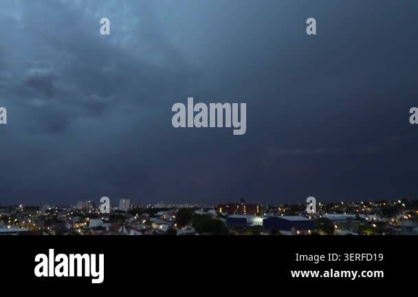 night thunderstorm over landscape aerial drone view, dramatic night ...