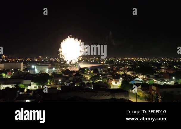 fireworks over mar del plata at night aerial drone view, colorful ...