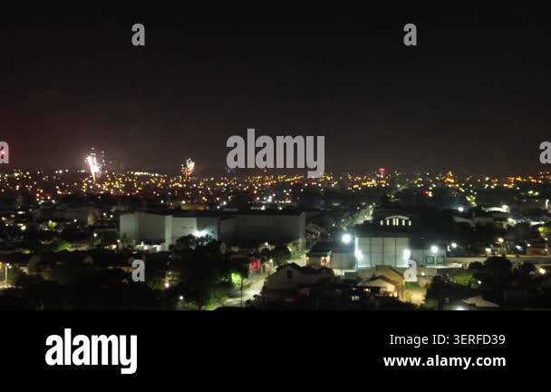 fireworks over mar del plata at night aerial drone view, colorful ...