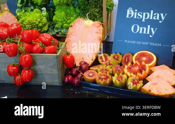 Eye level view of an exotic fruit display, Chicago, Illinois. Detailed ...