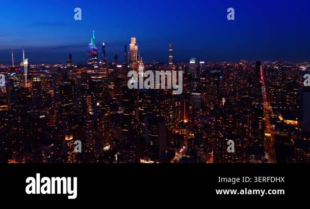 New York, USA, 8 May 2026: Nighttime aerial view of midtown Manhattan ...