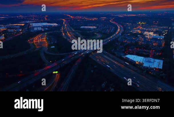 Elevated view of a highway toll plaza and traffic, United States. High ...