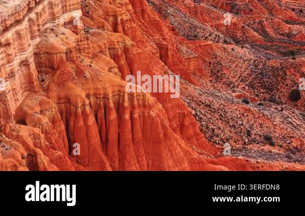 Elevated view of red badland ridges in Teruel, Aragon, Spain. High ...
