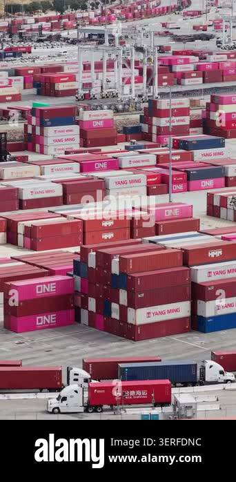 Cargo containers in Port of Los Angeles terminal yard with automated ...