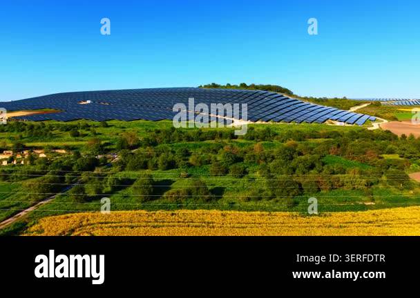 Distant solar array on a green hillside viewed across flowering fields ...