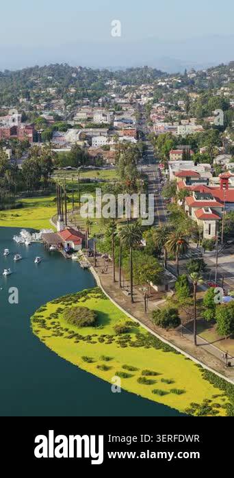 Scenic aerial of Echo Park Lake in Los Angeles revealing swan boats ...