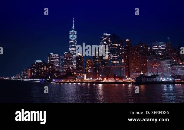 Midnight over Lower Manhattan skyline, New York City, New York. Wide ...