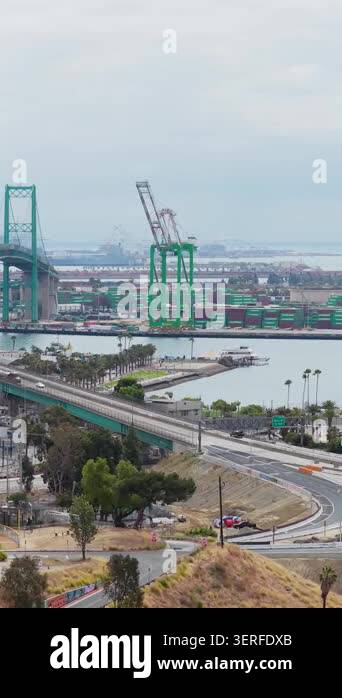 Vincent Thomas Bridge spanning Los Angeles Harbor with cars driving and ...