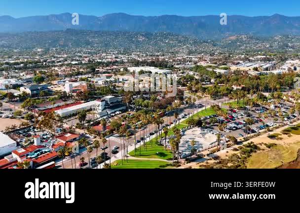 Descending over the picturesque cityscape of Santa Barbara, California ...