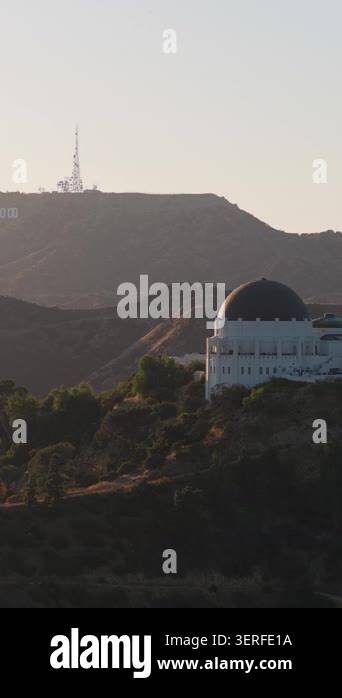 Aerial shot of Griffith Observatory in Santa Monica Mountains with ...