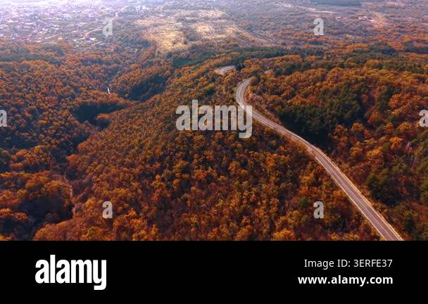 Golden hour light on curving road through autumn mountain valley. Warm ...