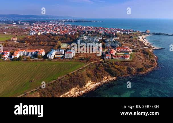 Drone perspective of coastal town with red rooftops, Bulgaria. Aerial ...