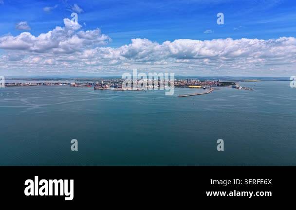 Aerial view of port and city from the sea. Wide panorama of harbor ...