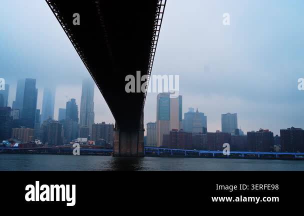 New York, USA, 25 December 2025: Symmetrical view from under Brooklyn ...