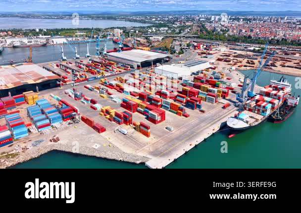 Burgas, Bulgaria, 10 April 2026: Aerial view of shipping containers and ...