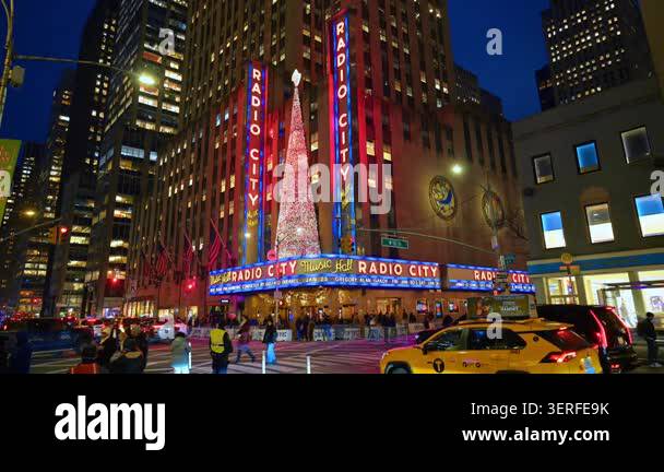New York, USA, 25 December 2025: Radio City Music Hall illuminated with ...