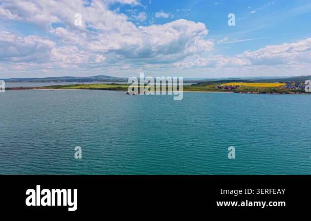 Aerial coastal panorama with green fields and sandy beach, Burgas ...