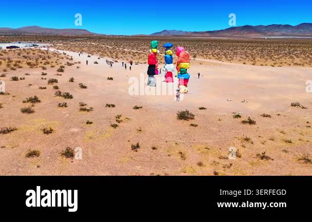 Nevada, USA, 25 May 2026: Distant drone view of painted rock cluster ...
