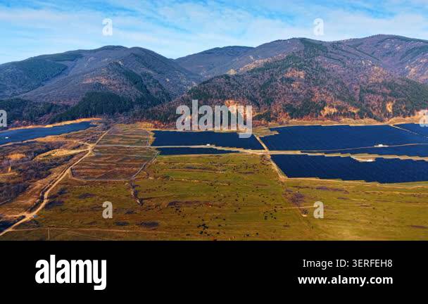 Golden hour light on solar farm and grazing pastures in mountain valley ...