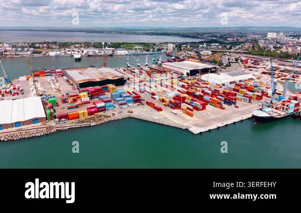 Burgas, Bulgaria, 21 May 2026: Wide angle container port with ships and ...