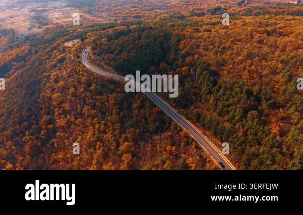 Curving highway through autumn forest from aerial view. Asphalt road ...