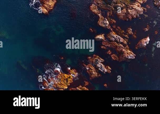 Coastal rock formations along shoreline seen from above. Scattered ...