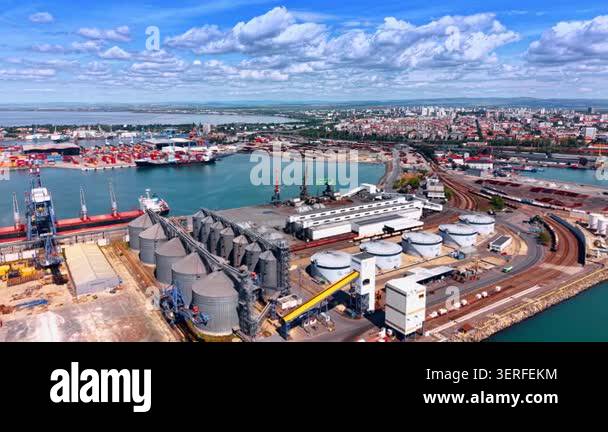 Burgas, Bulgaria, 21 May 2026: Aerial view of grain silos and storage ...