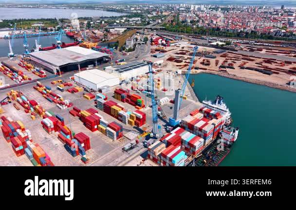 Burgas, Bulgaria, 21 May 2026: Closeup aerial of container crane ...