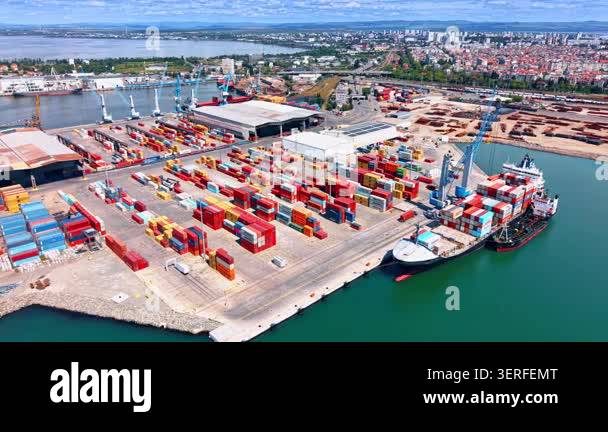 Burgas, Bulgaria, 21 May 2026: Overhead perspective of container yard ...
