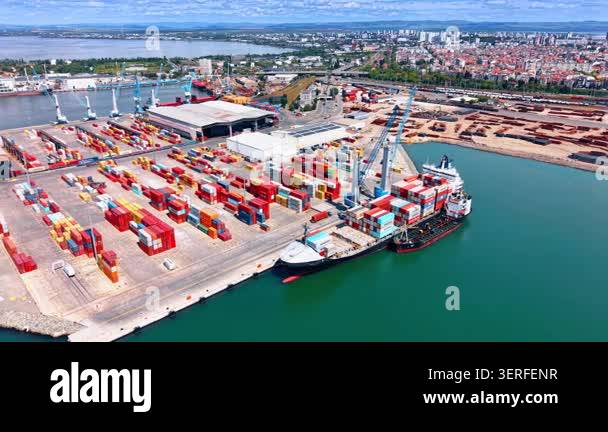 Burgas, Bulgaria, 21 May 2026: Elevated view of container port ...
