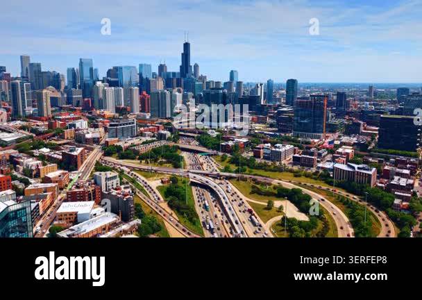 Beautiful scenery of Chicago, Illinois, USA on sunny day from drone ...