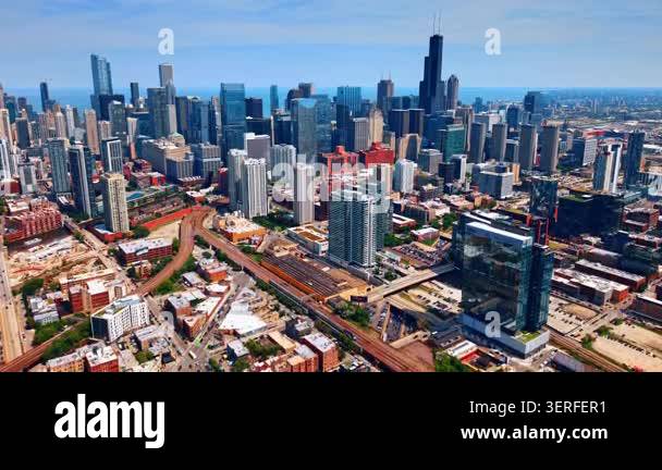 Chicago, USA, 7 May 2026: Chicago skyline and rail yards seen from ...