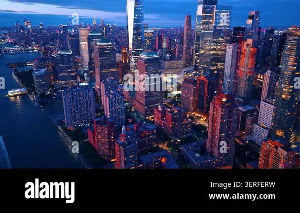 One World Trade Center and Lower Manhattan skyline at blue hour. Aerial ...