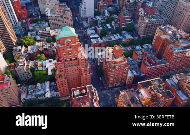 High angle view of historic red brick skyscraper in Manhattan New York ...