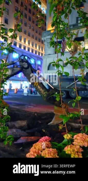 Excavator bucket amid hanging branches and hydrangeas at night ...