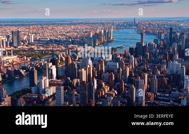 East River bridges and Brooklyn seen from above Midtown Manhattan ...
