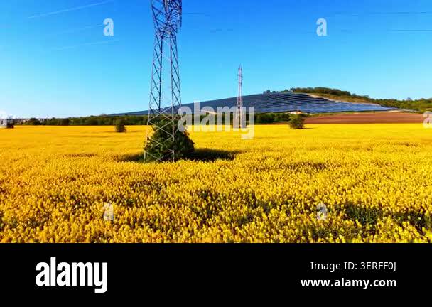 Rapeseed field with power line and solar installation on hillside ...