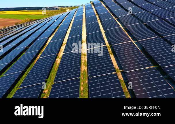 Solar panel rows on hillside. Converging lines of dark modules extend ...