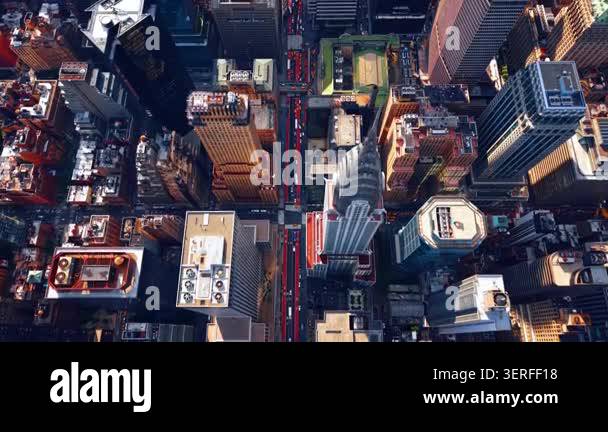 High over the rooftops of Manhattan neighborhoods and busy streets ...