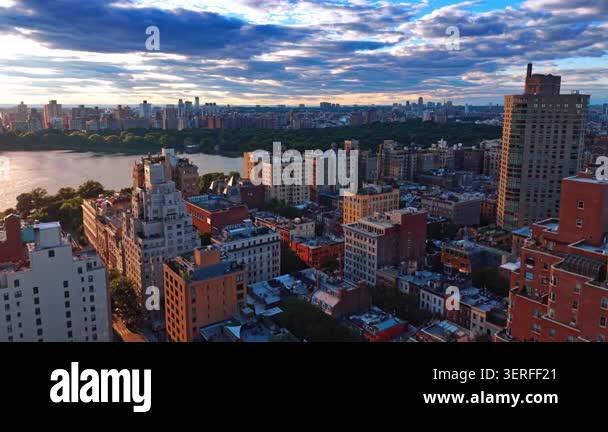 Flight over the blocks with lots of greenery near Central Park. New ...