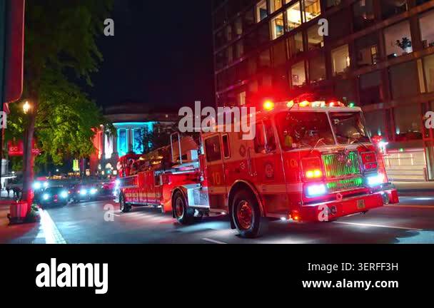Large vehicle for emergencies with flashing lights on stands on the ...