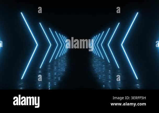 Abstract futuristic blue neon arrows moving through a dark reflective ...