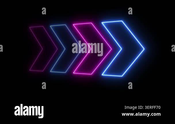 Glowing neon pink and blue arrows move forward in a seamless animation ...