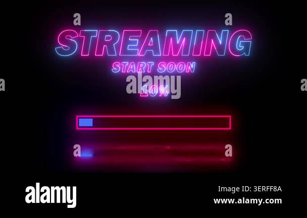 Neon streaming start soon in pink and blue with loading progress bar ...